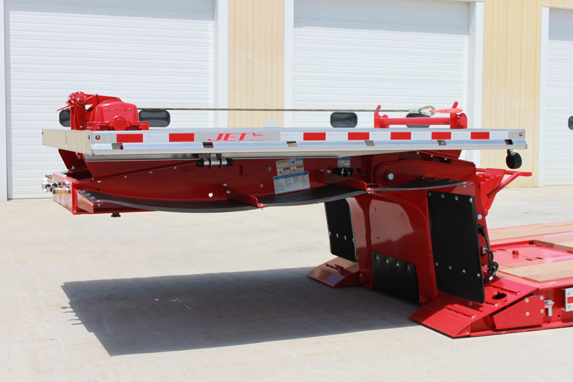Red-Tandem-Axle-Lowboy-Trailer-front-zoom - Jet Co Trailers